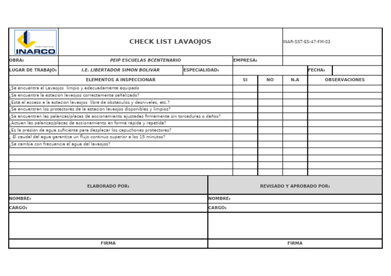 INAR-SST-ES-47-FM-03 Check List de Lavaojos Ver. 01 | PDF