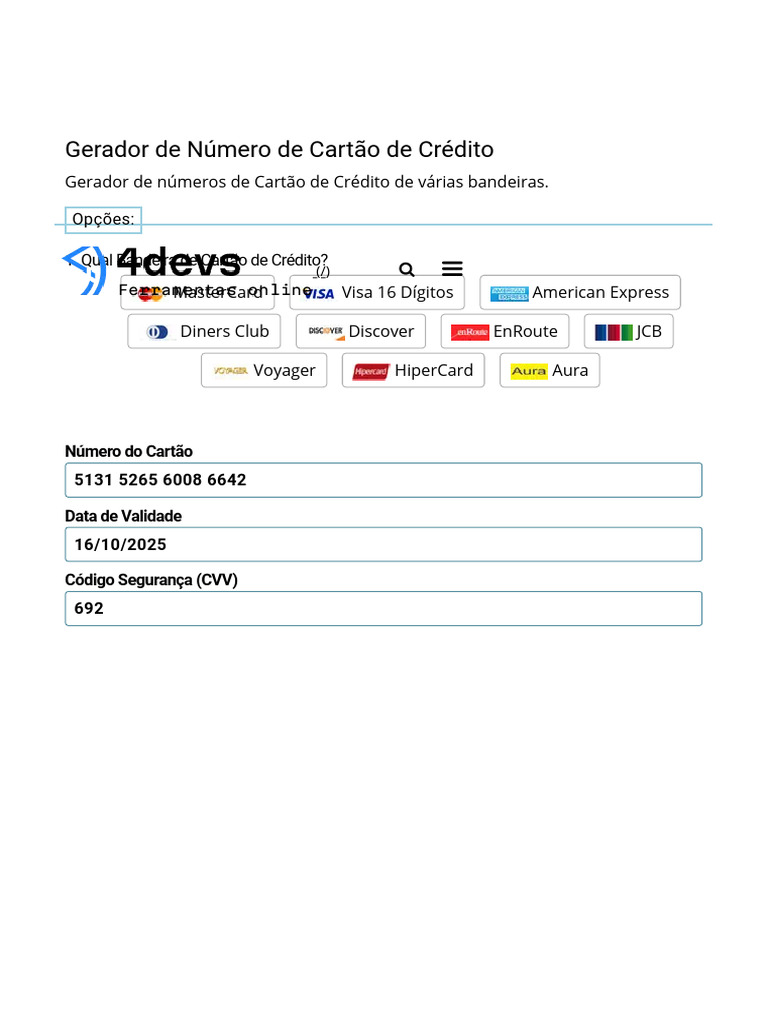 Gerador de Número de Cartão de Crédito - 4devs | PDF
