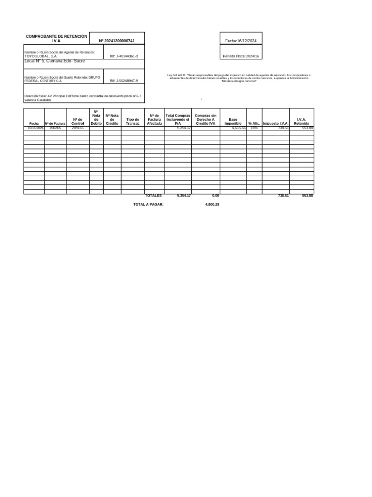 Planilla 12% Retencion 741 Grupo Federal Century C | PDF | Impuesto al valor agregado | Factura