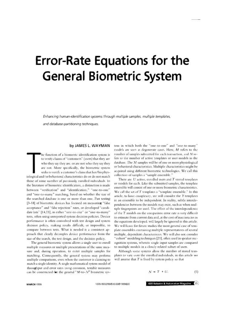 Error Rate Equations For The General Biometric System | PDF | Biometrics | Sampling (Statistics)