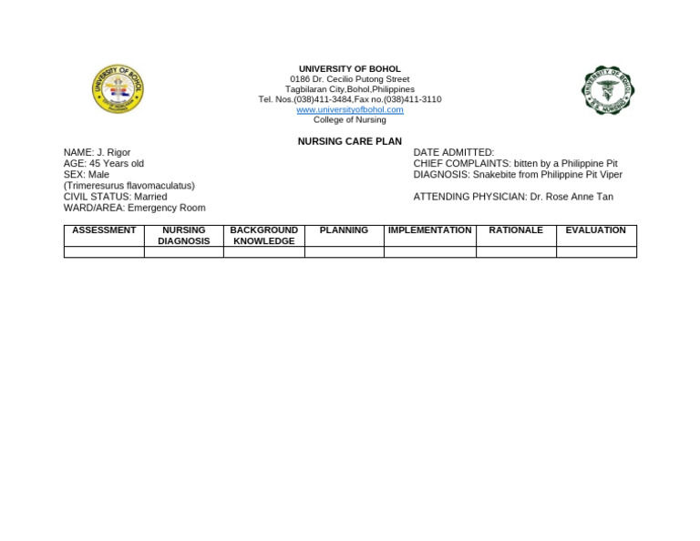 Nursing Care Plan for Snakebite | PDF