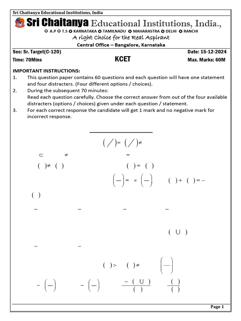 15-12-2024 SR - Target (C-120) Kcet Maths Q.paper | PDF | Mathematics