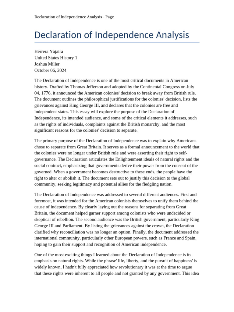 Declaration of Independence Essay | PDF | United States Declaration Of ...