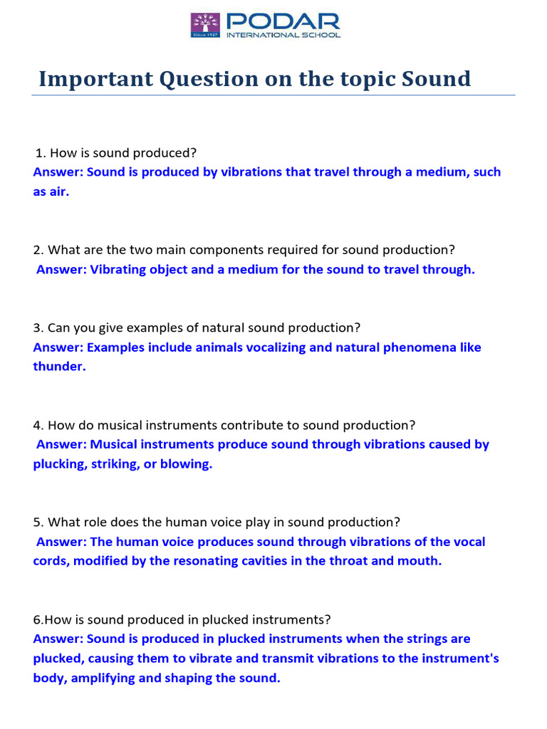 Important Question On The Topic Sound | PDF | Sound | Ear
