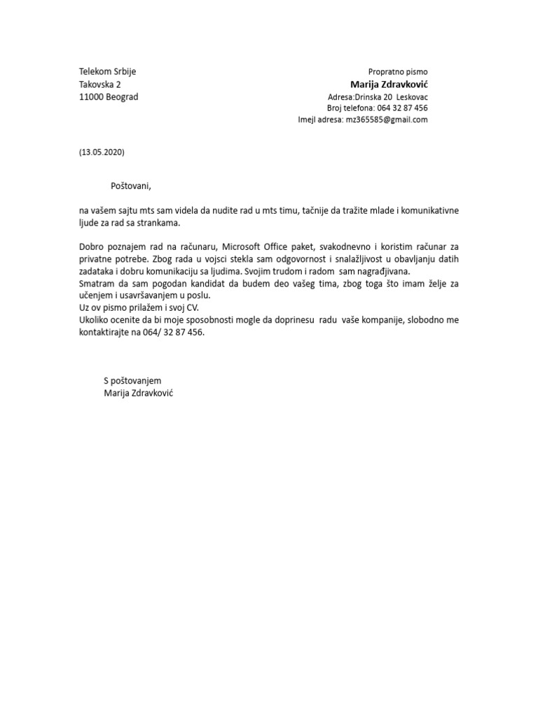 Propratno Pismo Mts | PDF