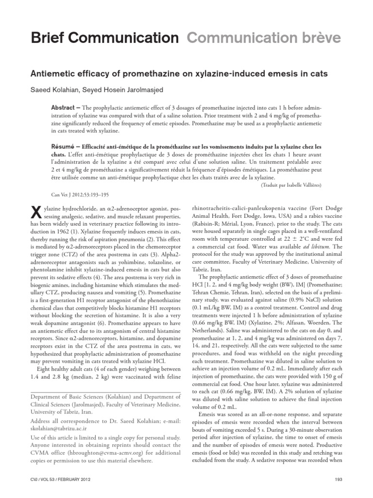 7-Antiemetic Efficacy of Promethazine On Xylazine-Induced Emesis in ...