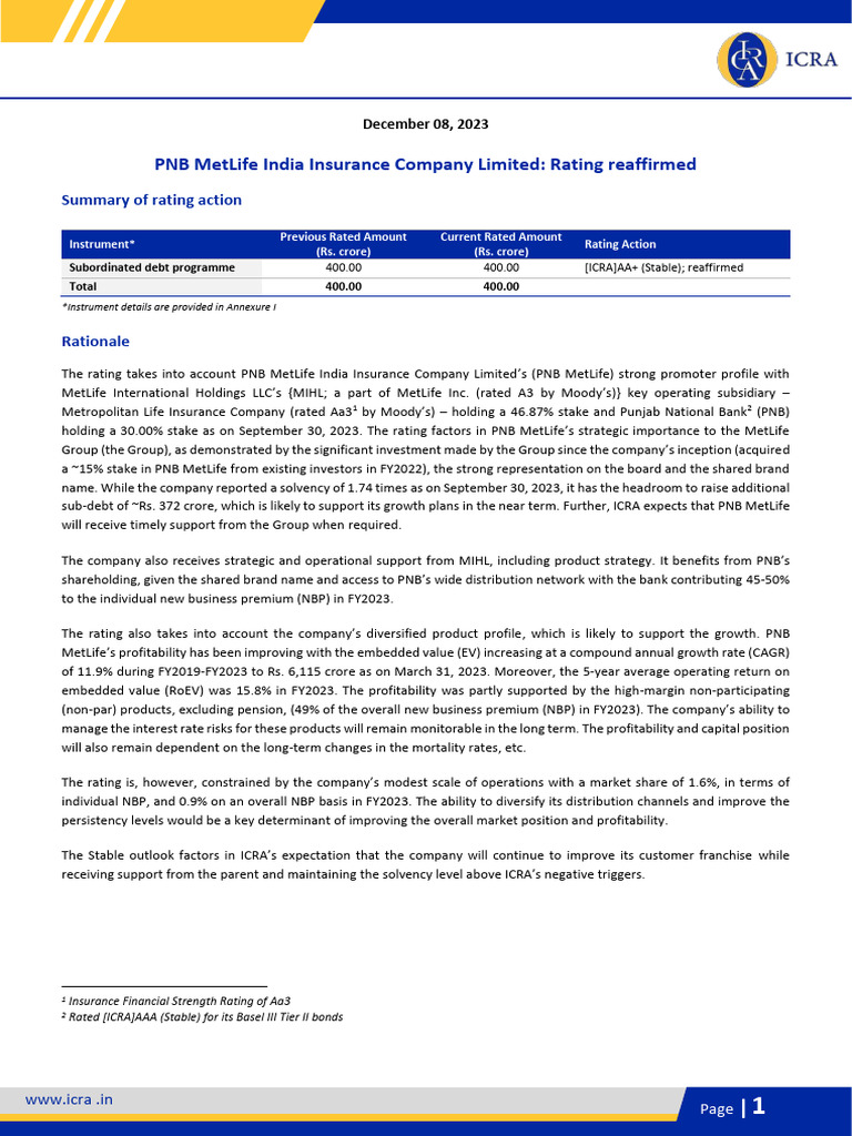 PNB MetLife India Insurance Company Limited (1) | PDF | Insurance | Met ...