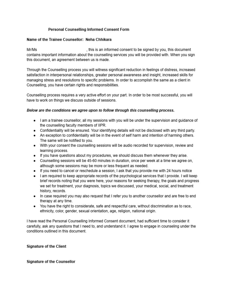 Counselling Informed Consent Agreement | PDF | Informed Consent ...