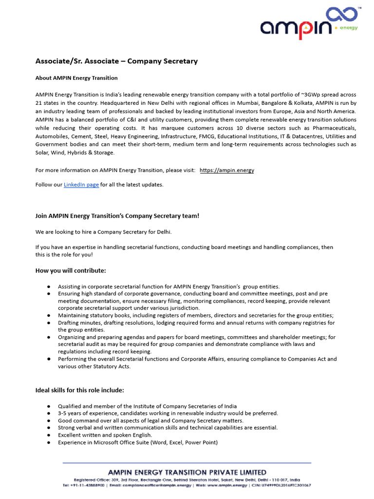 Company Secretary Position at AMPIN Energy | PDF | Regulatory ...