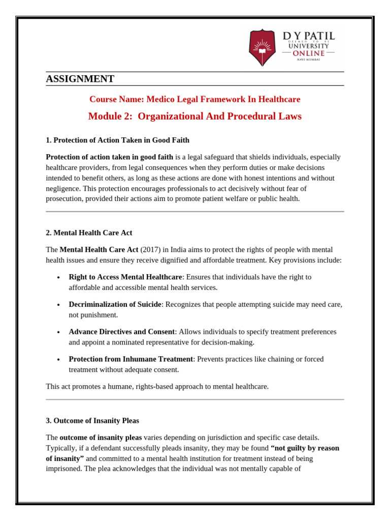 Medico-Legal Framework in Healthcare | PDF | Insanity Defense | Plea