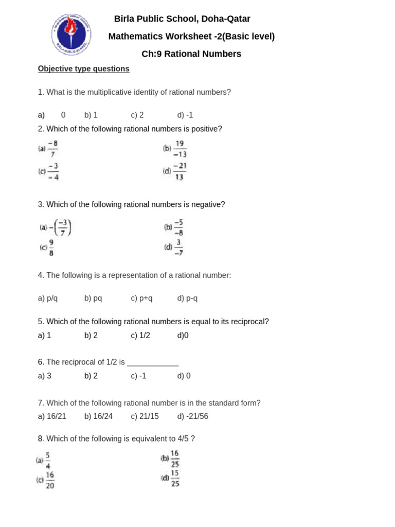 Gr7-Ch9 Rational Numbers-WS-2 | PDF | Rational Number | Numbers