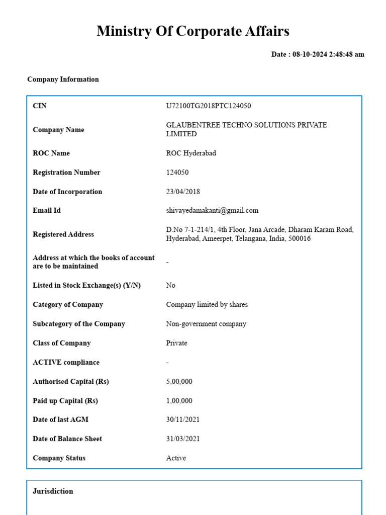 MCA Registration of Glaubentree Tech | PDF
