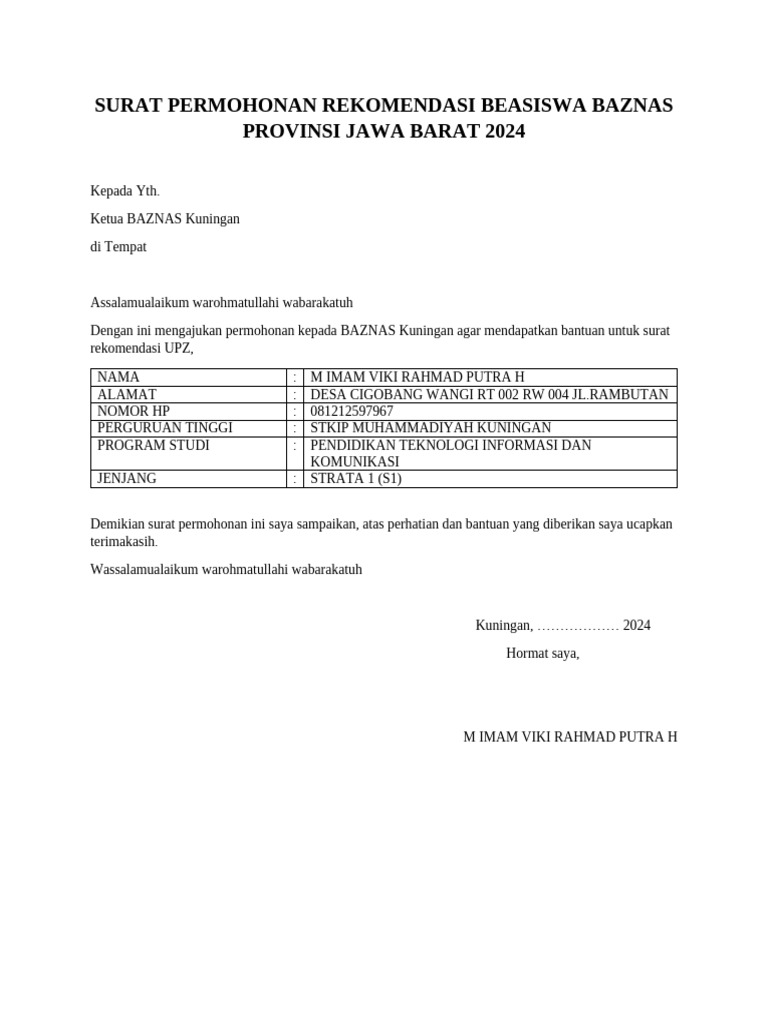 SURAT PERMOHONAN REKOMENDASI BEASISWA BAZNAS PROVINSI JAWA BARAT 2024 | PDF