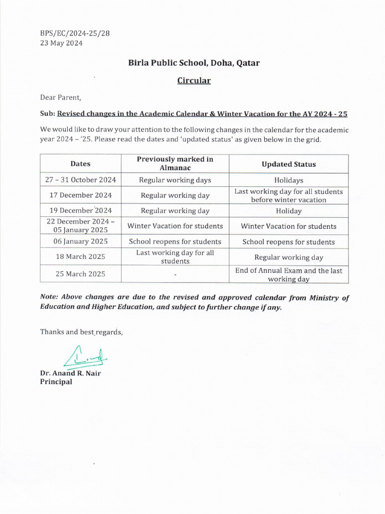 Circular 28 - Revised Changes in The Academic Calendar & Winter Vacation | PDF