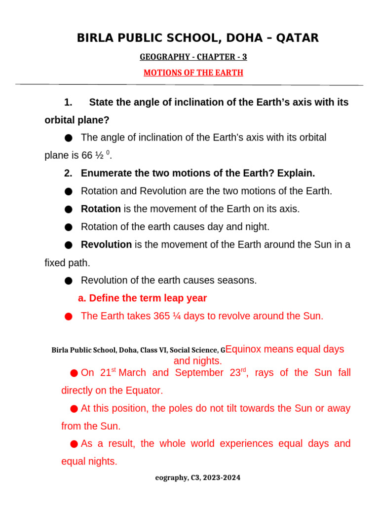 Motions of The Earth Notes | PDF | Night | Equator