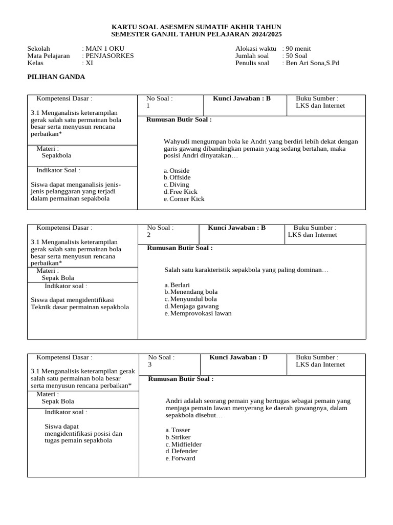 Kartu Soal Pas Penjaskes Kelas Xi 2024-2025 Ganjil | PDF