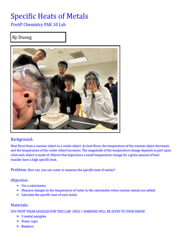 Copy of Lab 08v1 - PreAP Chemistry - Specific Heats of Metals | PDF ...