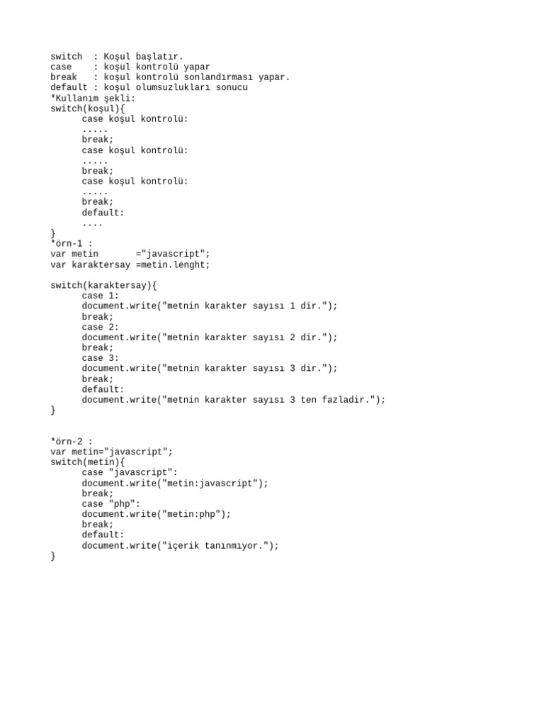 Switch,Case,Break,Default Koşul Ifadeleri | PDF