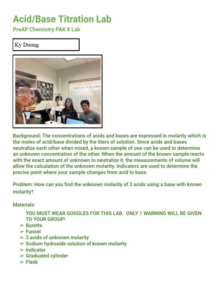 Copy of Lab 8 - PreAP Chemistry - Acid_Base Titration Lab | PDF ...