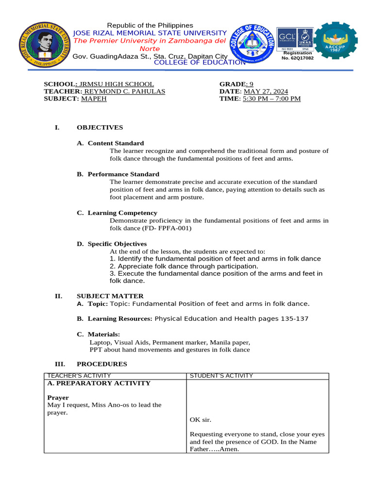 4 A's Detailed Lesson Plan Grade 9 - Fundamental Position of Arms and ...