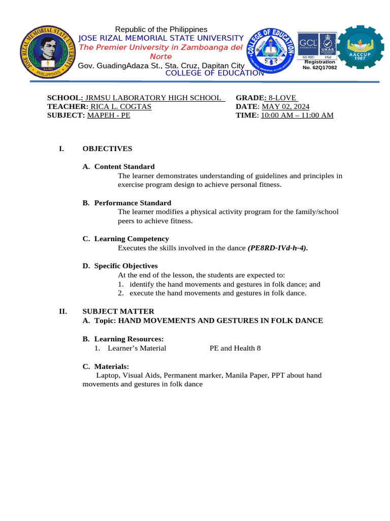 Folk Dance Hand Movements Lesson Plan | PDF | Dances | Arm