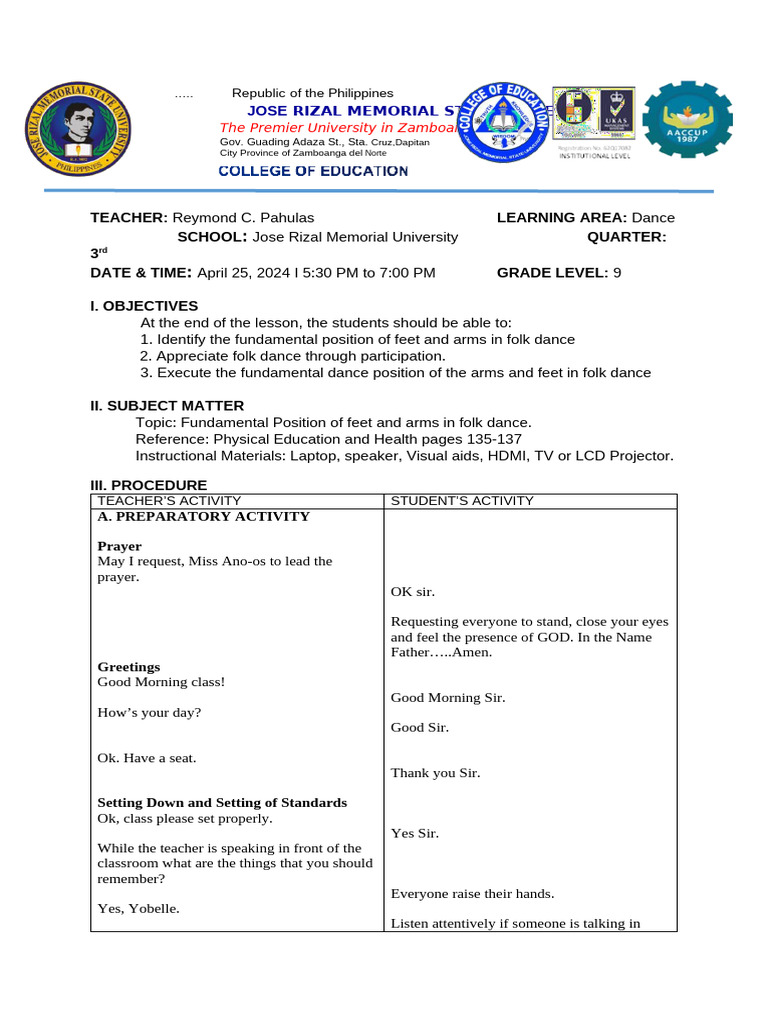 Detailed Lesson Plan Grade 9 Fundamental Position of Folk Dance | PDF ...