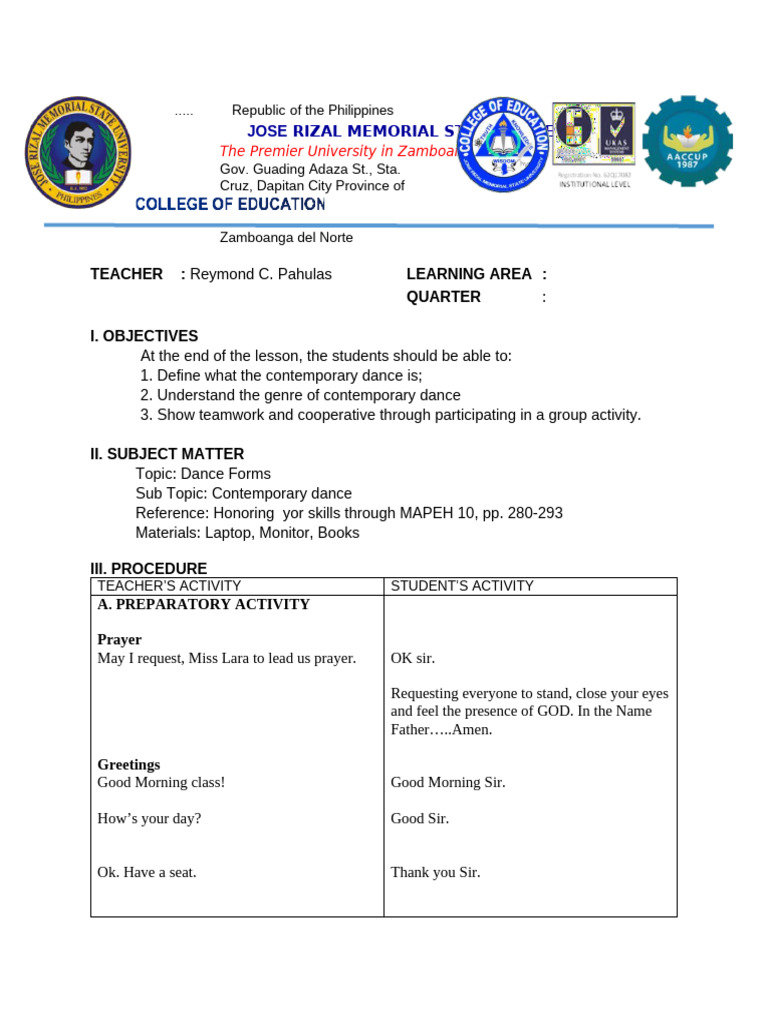 Detailed Lesson Plan Grade 9 - Cheerdance and Contemporary Dance | PDF ...