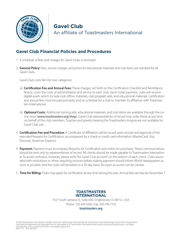 1711 Gavel Club Financial Policies Procedures | PDF | Payments | Fee