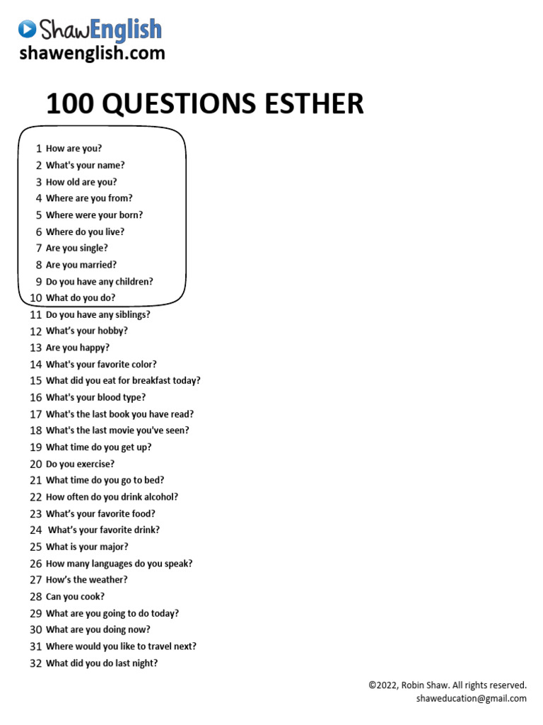 100 Common English Questions ESTHER | PDF