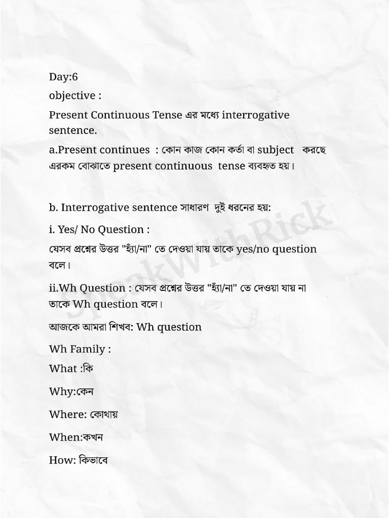 Present Continuous Tense interrogative sentence | PDF