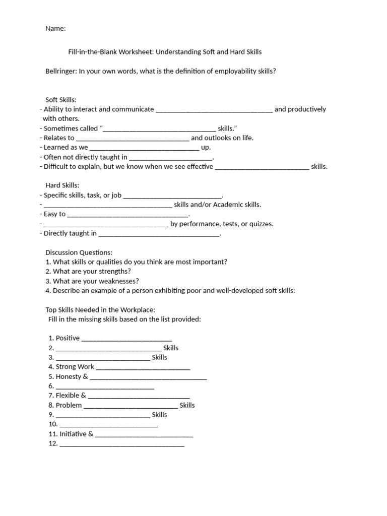 Skills Worksheet for Students | PDF