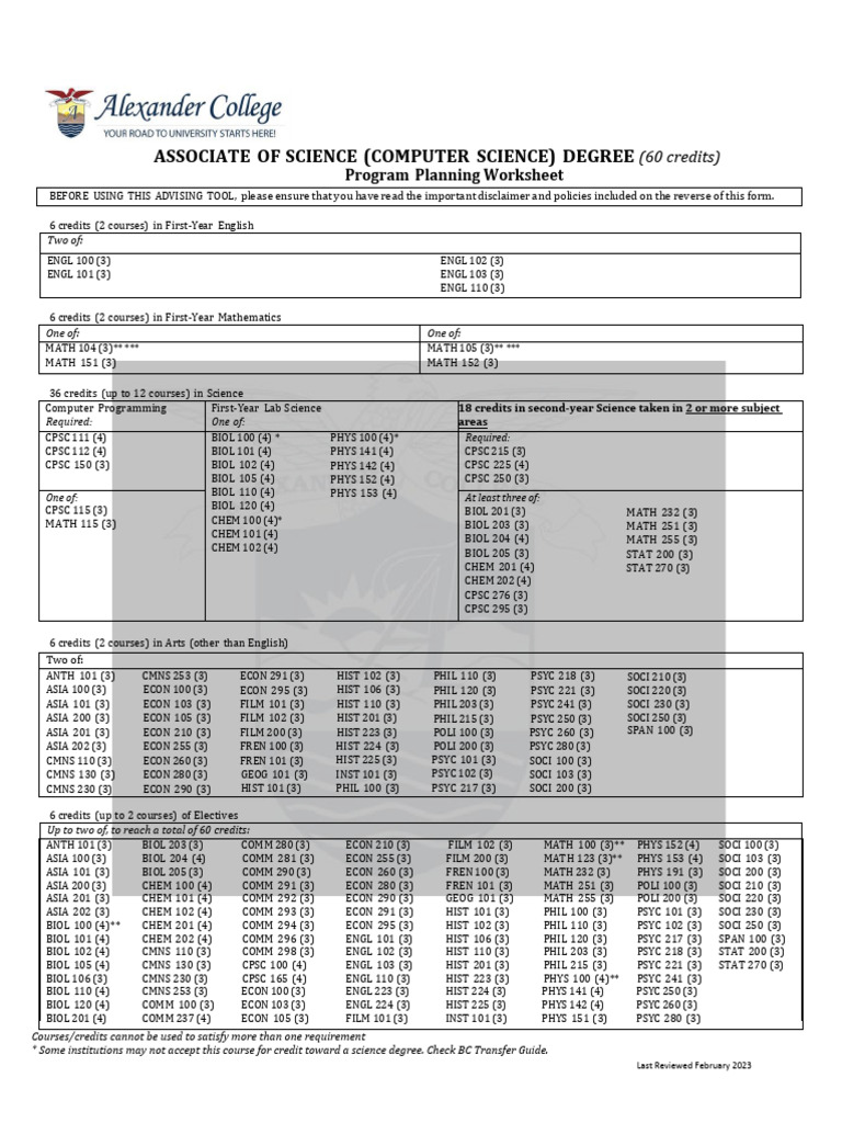 ASC Degree Planning Worksheet February 2023 | PDF | Course Credit ...