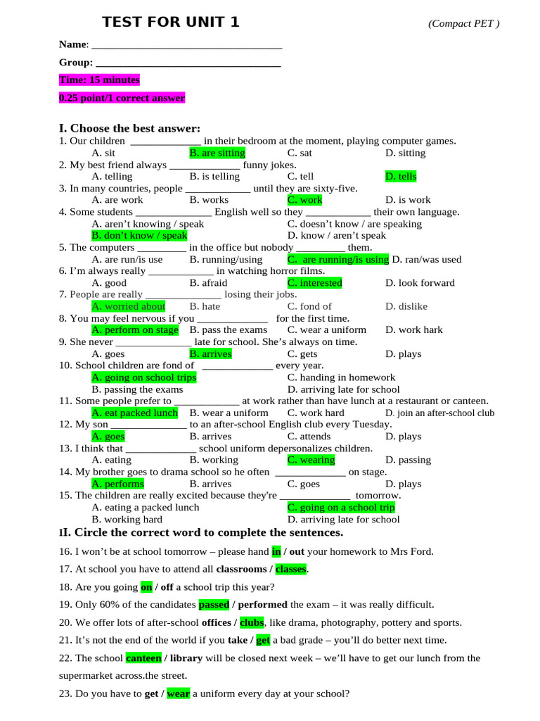 Grammar Quiz for Unit 1 Assessment | PDF