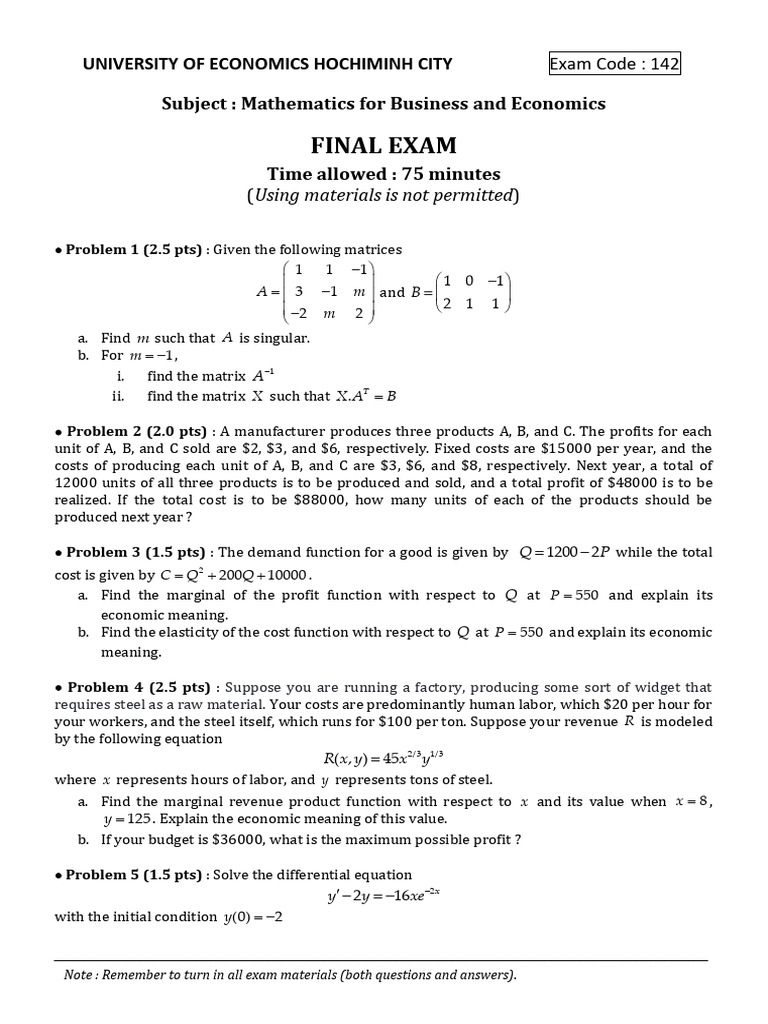 0 MAT Final Exam K.46 Code 142 New | PDF | Matrix (Mathematics ...