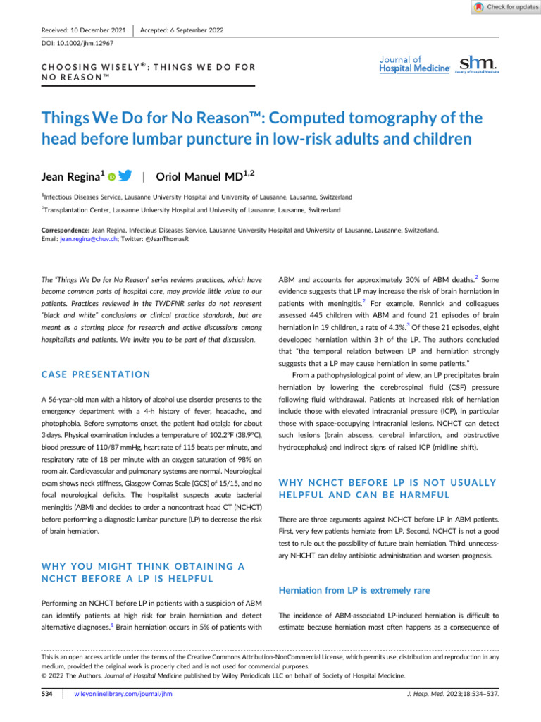 Things We Do For No Reason Computed Tomography of The Head Before ...