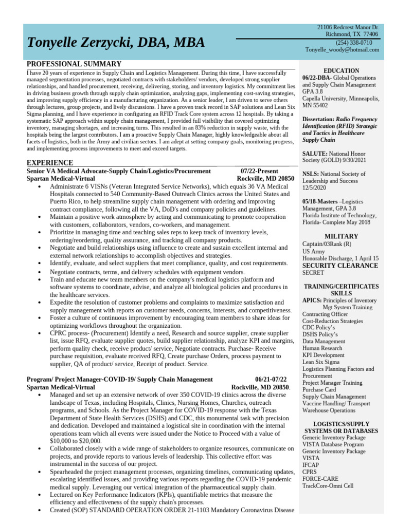 Tonyelle Zerzycki DBA MBA Resume | PDF | Logistics | Supply Chain ...