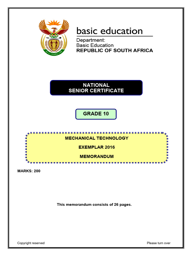Mechanical Technology GR 10 Exemplar 2016 Memo Eng | PDF | Clutch | Internal Combustion Engine