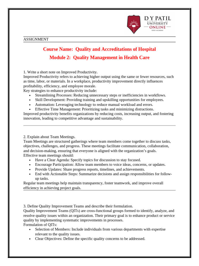 Module 2 Quality Management in Health Care | PDF | Methodology | Quality Management
