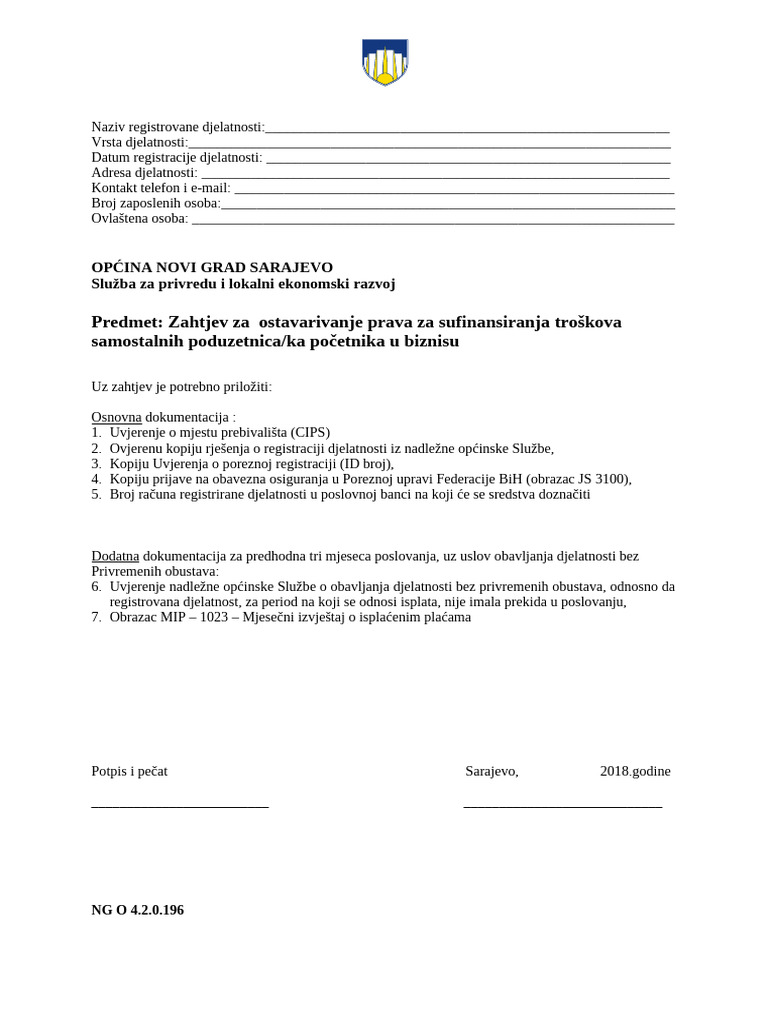 Obrazac za podnošenje zahtjeva za sufinansiranje pocetnika u biznisu 2 | PDF