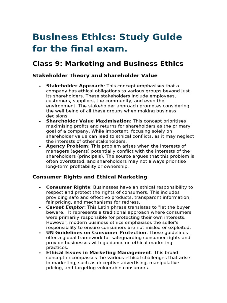 Business Ethics - Study Guide For The Final Exam | PDF | Sustainability ...