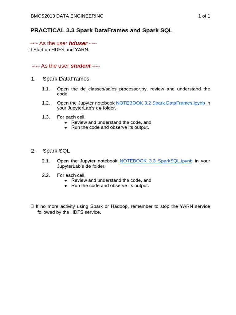 Practical 3.3 Spark DataFrames and Spark SQL | PDF