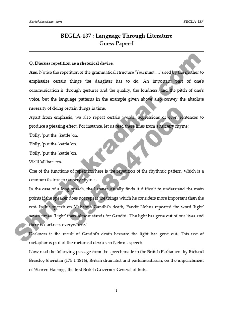 BEGLA-137 Language Through Literature | PDF | Preposition And ...