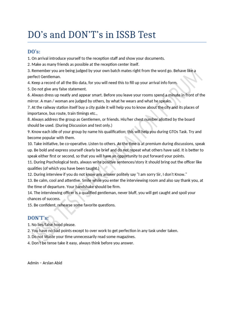 DO_s and DONT_s of ISSB Tests | PDF