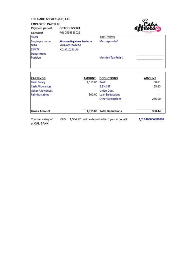 Staff# Employee Name Nia# Ssnit# Department Position Monthly Tax Reliefs Marriage Relief | PDF
