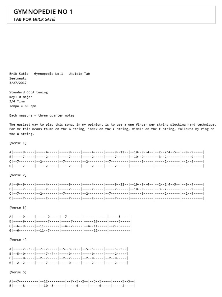 Gymnopedie No 1 Tab Por Erick Satié - Ukulele Tabs | PDF | String Instruments | Guitar Family ...