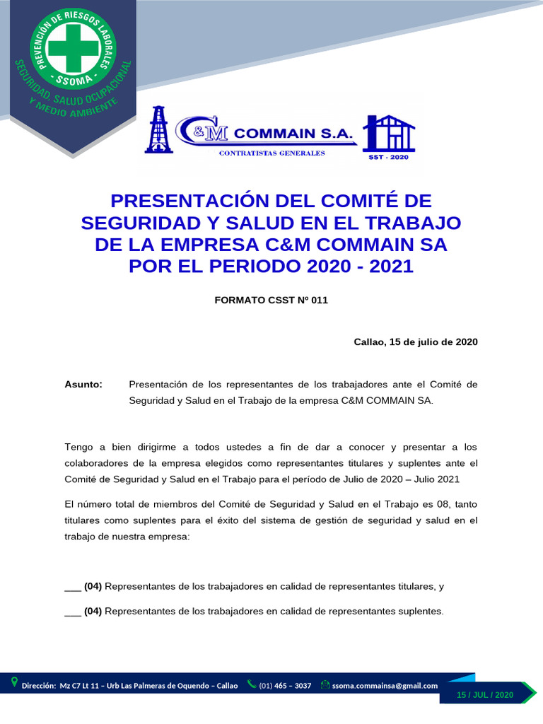 Presentacón Del Comite de Seguridad y Salud en El Trabajo 2020 - 2021 | PDF
