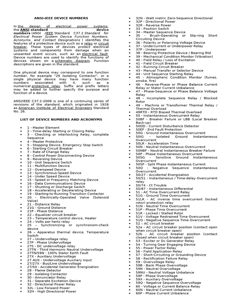 NEW-ANSI-device-numbers | PDF | Relay | Vacuum Tube