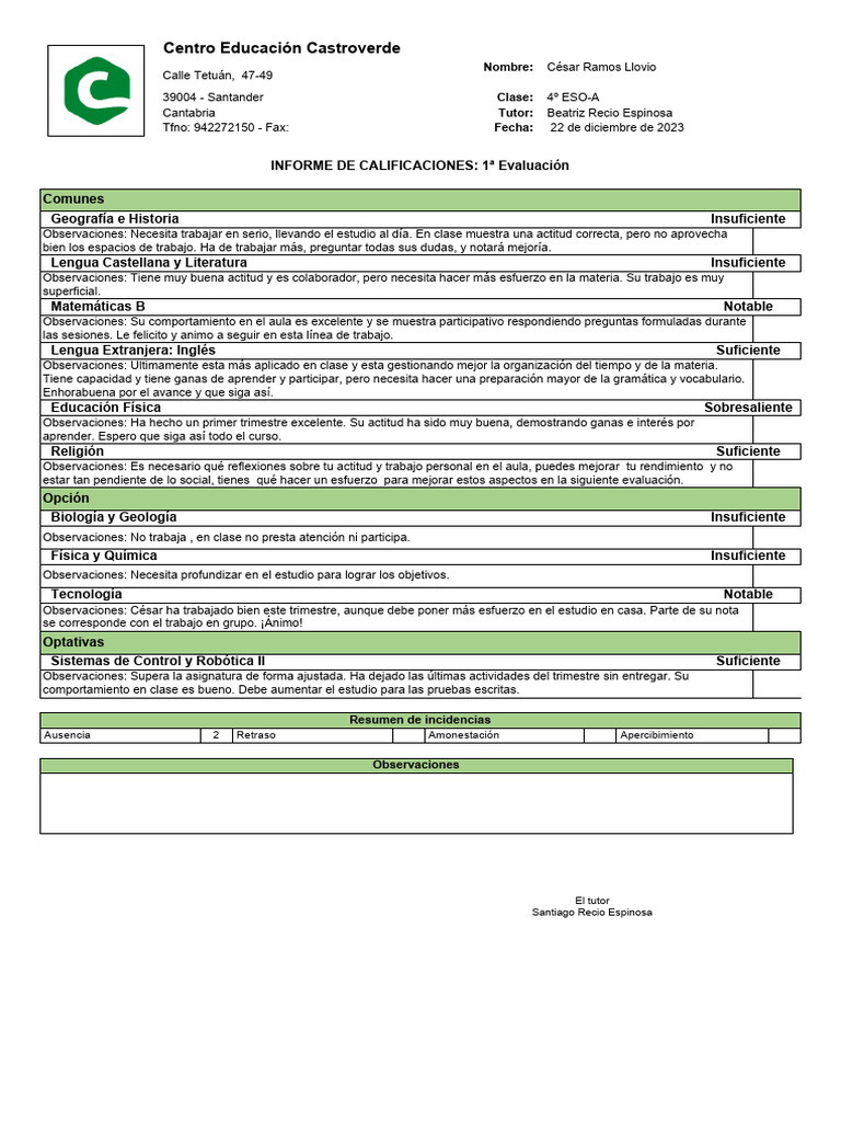 CASTROVERDE_LOMLOE_nota_literal_y_observaciones_20231219_093248 | PDF | Evaluación