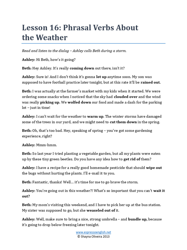 Lesson 16 - Phrasal Verbs About | PDF | Rain