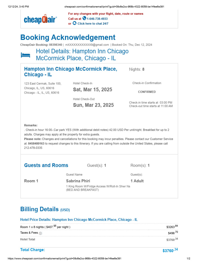 CheapOair Hotel Booking Confirmation | PDF | Payments